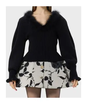 Blumarine Wool Jumper With Fur-trimmed Neckline - Black