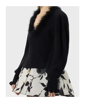 Blumarine Wool Jumper With Fur-trimmed Neckline - Black
