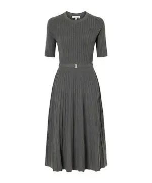 Veronica Beard Elthea Belted Pleated Ribbed-knit Midi Dress