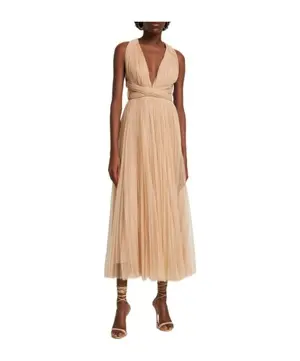 MARIA LUCIA HOHAN Pleated Tulle Midi Dress W/ Low Back