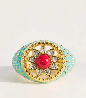 L'ATELIER NAWBAR Yellow Diamond, Coral And Turquoise Cosmic Love Arabesque Pinky Ring - Gold