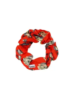 GANNI Orange Floral Printed Scrunchie - Red