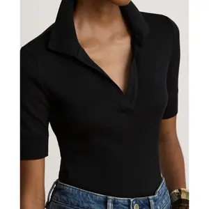Ralph Lauren Jersey Elbow-sleeve Collared Top - Black
