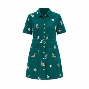 YUMI Teal Crane Embroidered Shirt Dress