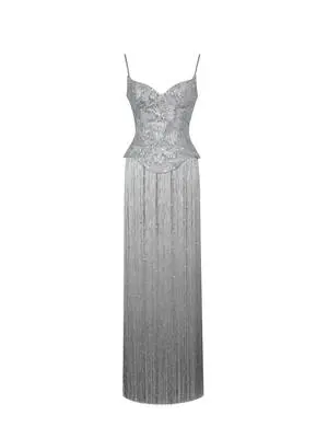 MISS CIRCLE NEW YORK Olisa Beaded Peplum Tassel Maxi Dress