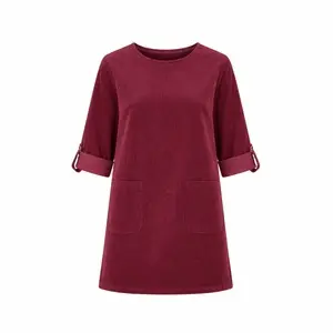 YUMI Burgundy Cord Tunic Dress With 3/4 Sleeves And Pockets - Red