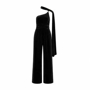 YUMI Velvet One Shoulder Jumpsuit With Scarf - Black