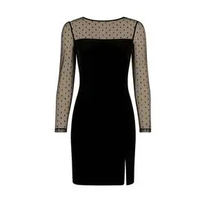 YUMI Velvet Dress With Sheer Long Sleeves - Black