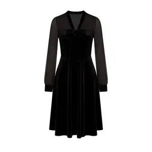 YUMI Velvet Pussy Bow Sheer Sleeves Skater Dress - Black