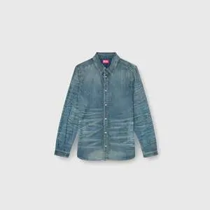 DIESEL® Shirt In Dirty-effect Creased Denim - Blue