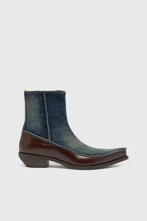 DIESEL® D-frido-western Ankle Boots In Leather And Denim - Blue
