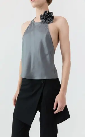 ST. AGNI Silk Halter Rosette Top - Grey