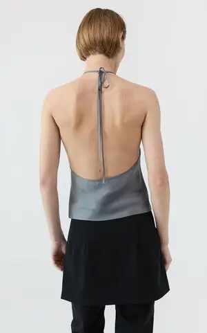 ST. AGNI Silk Halter Rosette Top - Grey