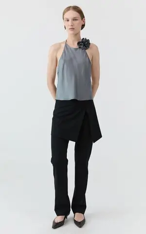 ST. AGNI Silk Halter Rosette Top - Grey