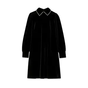 YUMI Long Sleeve Velvet Tunic With Diamante Collar - Black