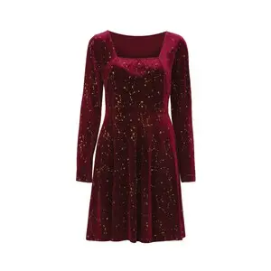 YUMI Burgundy Star Foil Print Long Sleeve Skater Dress - Red