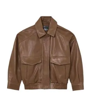REISS Maeve Petite Grained-Leather Twin-Pocket Relaxed Jacket Neutral