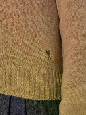 AMI Paris Beige Crewneck Cashmere Cardigan With De Coeur