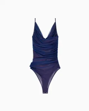 Giorgio Armani Stretch Tulle Bodysuit With Draped Neckline And Strass