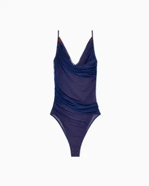 Giorgio Armani Stretch Tulle Bodysuit With Draped Neckline And Strass