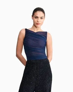 Giorgio Armani Stretch Tulle Bodysuit With Draped Neckline And Strass