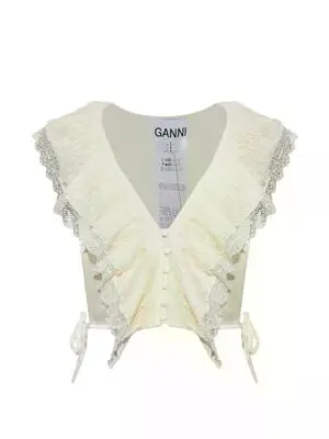 GANNI Ruffled Lace-trim Top - Neutrals