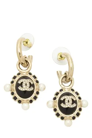 Chanel Crystal Faux Pearl Drop Earrings - Black