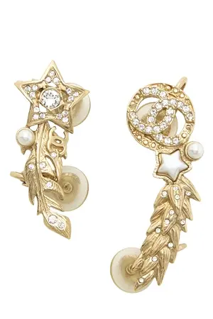 Chanel Crystal 'cc' Star Feather Climber Earring - Gold