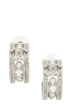 Chanel Cc' Crystal Hoop Earrings - Silver