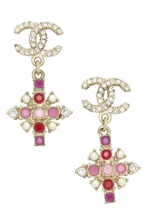 Chanel Crystal 'cc' Drop Earrings - Pink