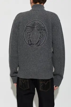 Versace Medusa Head Gray Ribbed Zip Cardigan
