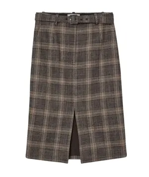 REISS Wool Check Midi Pencil Skirt - Brown