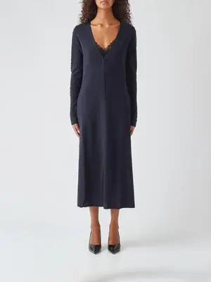 Pinko Wool Knit Midi Slip Dress With Lace Inserts