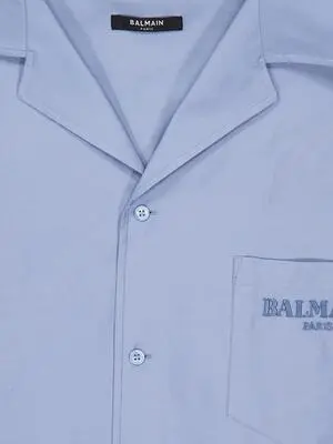 Balmain Short-sleeved Shirt In Cotton Poplin With Cuban Collar And Logo