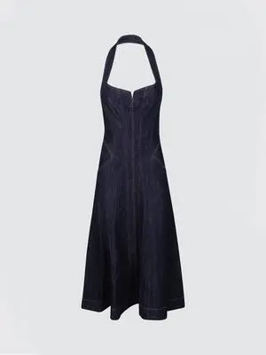 SELF-PORTRAIT A-line Off-the-shoulder Denim Midi Dress With Halter Neck