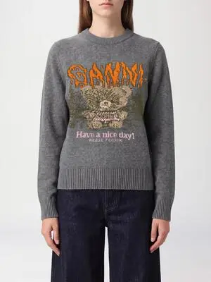 GANNI Merino Wool Blend Crewneck Jumper With All-over Jacquard Logo