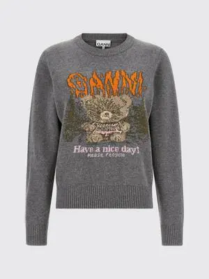 GANNI Merino Wool Blend Crewneck Jumper With All-over Jacquard Logo