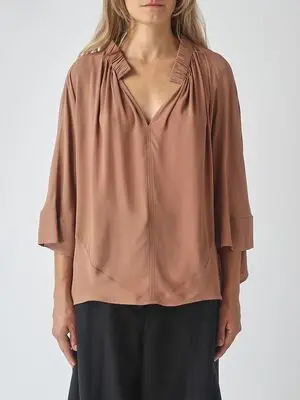 MEIMEIJ V-neck Silk Blend Blouse With Long Sleeves And Dropped Shoulders - Pink