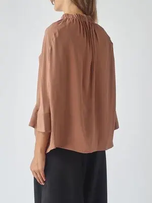 MEIMEIJ V-neck Silk Blend Blouse With Long Sleeves And Dropped Shoulders - Pink