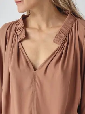 MEIMEIJ V-neck Silk Blend Blouse With Long Sleeves And Dropped Shoulders - Pink