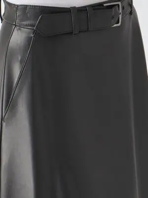 Max Mara Faux Leather Flared Midi Skirt With Belted Waist - Black