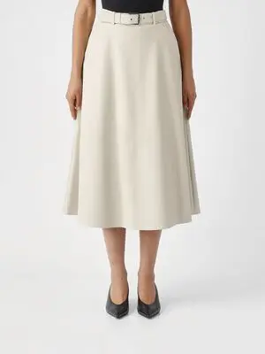 Max Mara Faux Leather Flared Midi Skirt With Belted Waist Ivory
