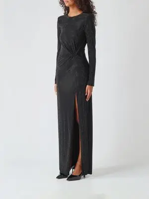 TWENTY FOURHAITCH Long Evening Gown In Crystal Mesh With Rhinestones And Front Slit - Black