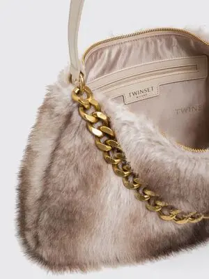 TWINSET Animal Print Faux Fur Shoulder Bag With Zip Closure