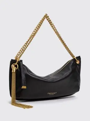 TWINSET Smooth Leather Shoulder Bag With Metallic Mesh Handle - Black