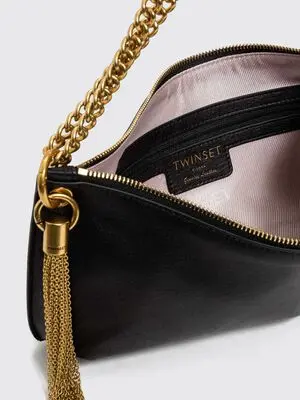 TWINSET Smooth Leather Shoulder Bag With Metallic Mesh Handle - Black