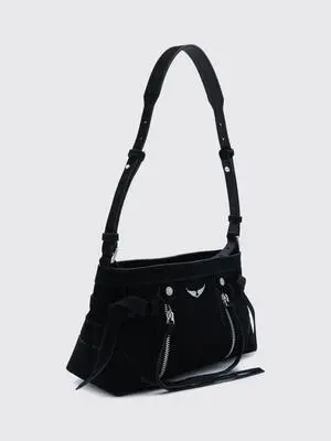 Zadig&Voltaire Madison Suede And Leather Shoulder Bag With Metallic Logo - Black
