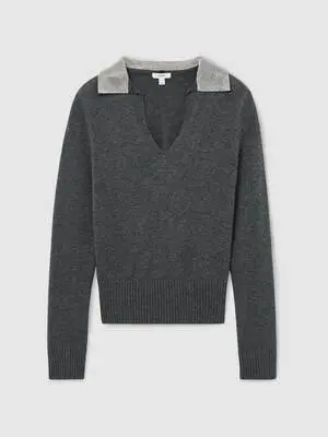 REISS Raven Wool-blend Crystal-collar V-neck Jumper - Grey
