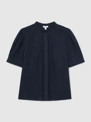 REISS Aurelia Cotton Cheesecloth Frill-neck Top