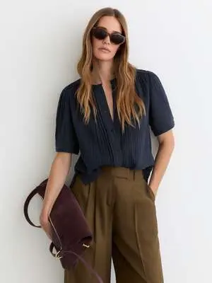 REISS Aurelia Cotton Cheesecloth Frill-neck Top